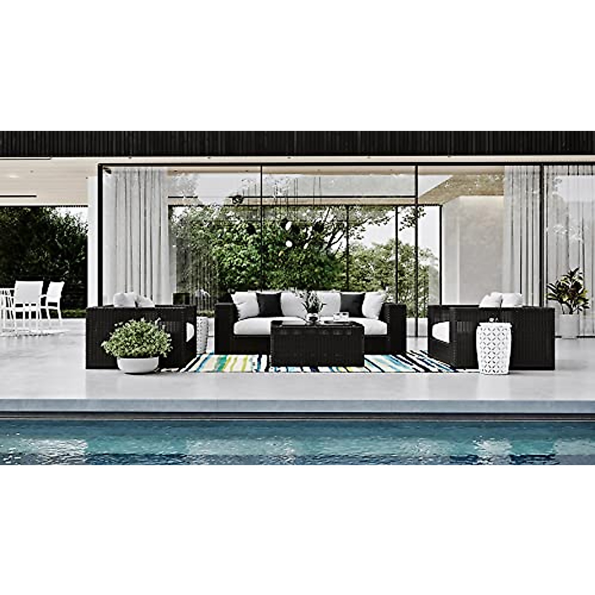 Zuri Modern Marquesa Outdoor Black Wicker Sofa with Quick Drying Cushions in White