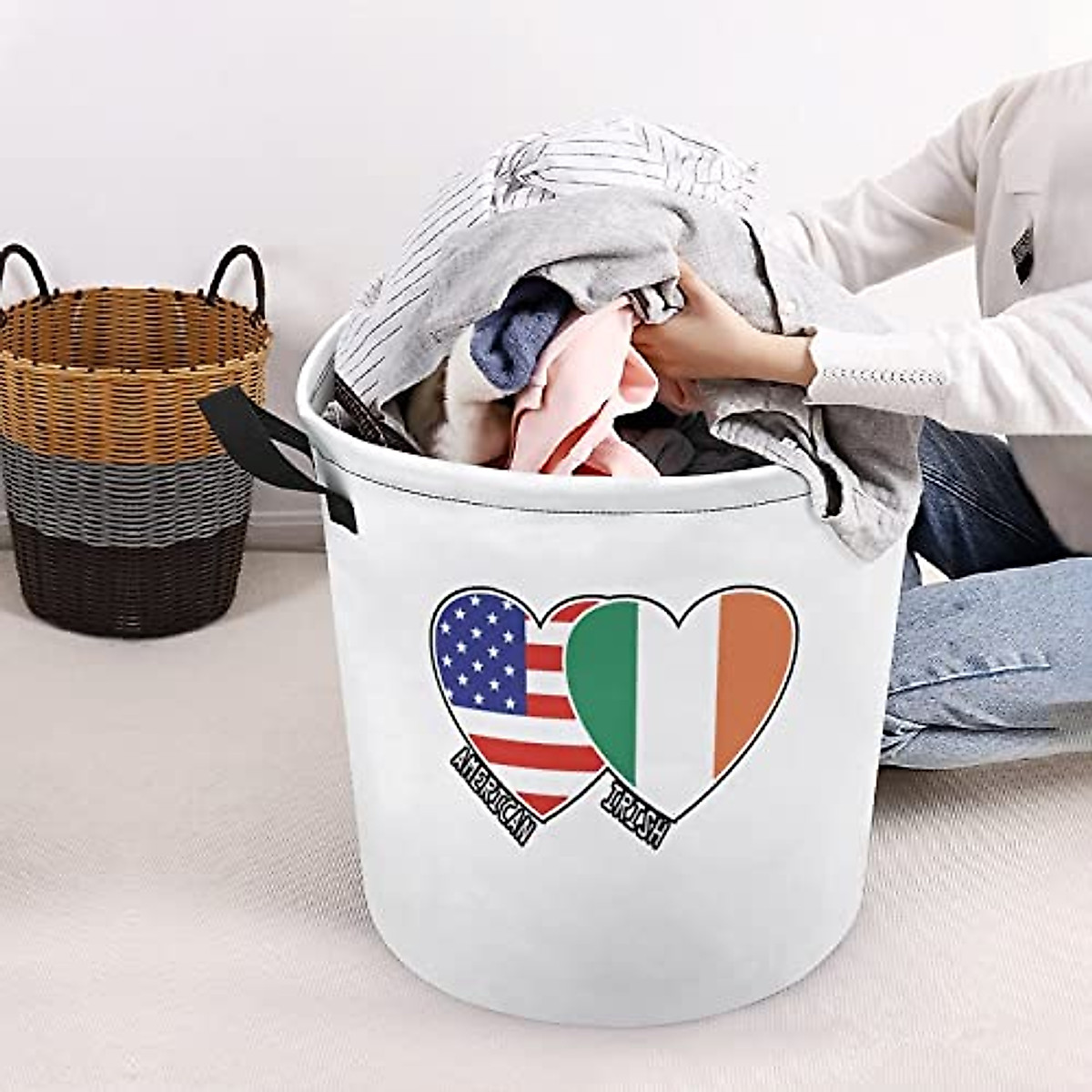 Irish American Flag Hearts Large Laundry Basket Hamper Bag Washing with Handles for College Dorm Portable
