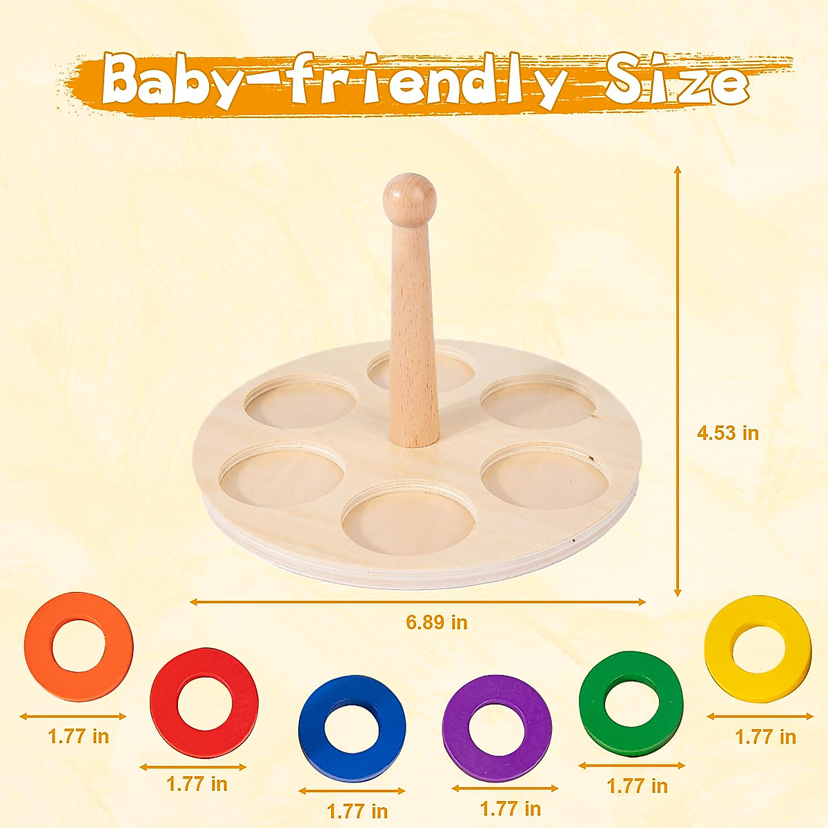 Adena Montessori 6 Rings on Peg Baby Toys for 1 Year Old Infant Toddlers