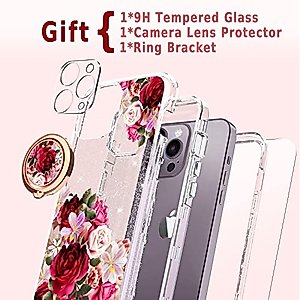ACKETBOX for iPhone 14 Pro Max Case with Screen Protector + Camera Lens Protector and Ring Bracket，PC Back Case + Front Cover and TPU Phone Case Cover for iPhone 14 Pro Max (Flowers)