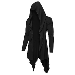 COOFANDY Long Hooded Cardigan Ruffle Shawl Collar Open Front Lightweight Drape Cape Overcoat with Pockets (Black Pattern, M)