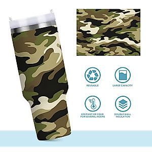 Jihqo Green Camouflage 40 oz Stainless Steel Vacuum Insulated Tumbler with Handle and Straw Lid, Leakproof Water Bottle Double Wall Travel Mug Coffee Cup, Cupholder Friendly