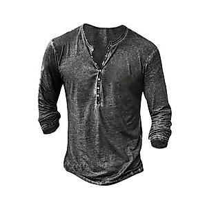 Mens Distressed Henley Shirts Vintage Long Sleeve Tee Shirts Casual Button Down Washed T-Shirts for Men Grey