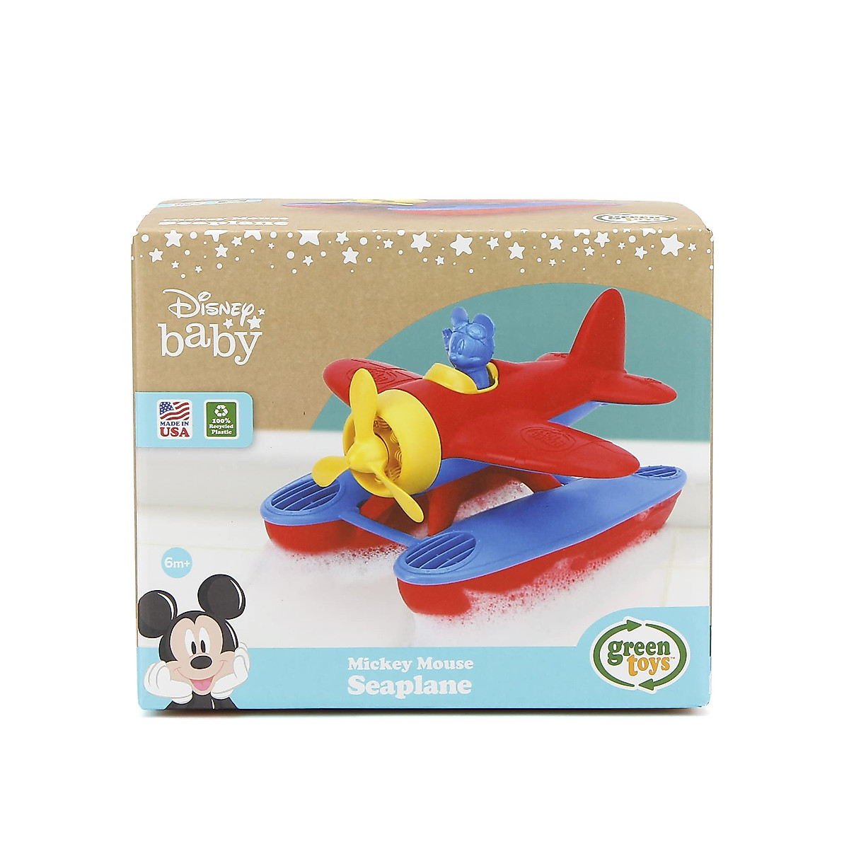 Green Toys Disney Baby Exclusive Mickey Mouse Seaplane, Red/Blue - Pretend Play, Motor Skills, Kids Bath Toy Floating Vehicle. No BPA, phthalates, PVC. Dishwasher Safe, Recycled Plastic, Made in USA.