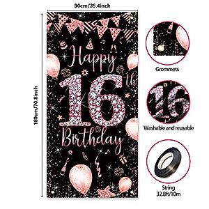GYA Pink Happy 16th Birthday Door Banner 3x6ft Girl Sweet 16th Diamond Door Cover Banner Glitter Balloon Rose Gold Party backdrop Poster Porch Sign Decor