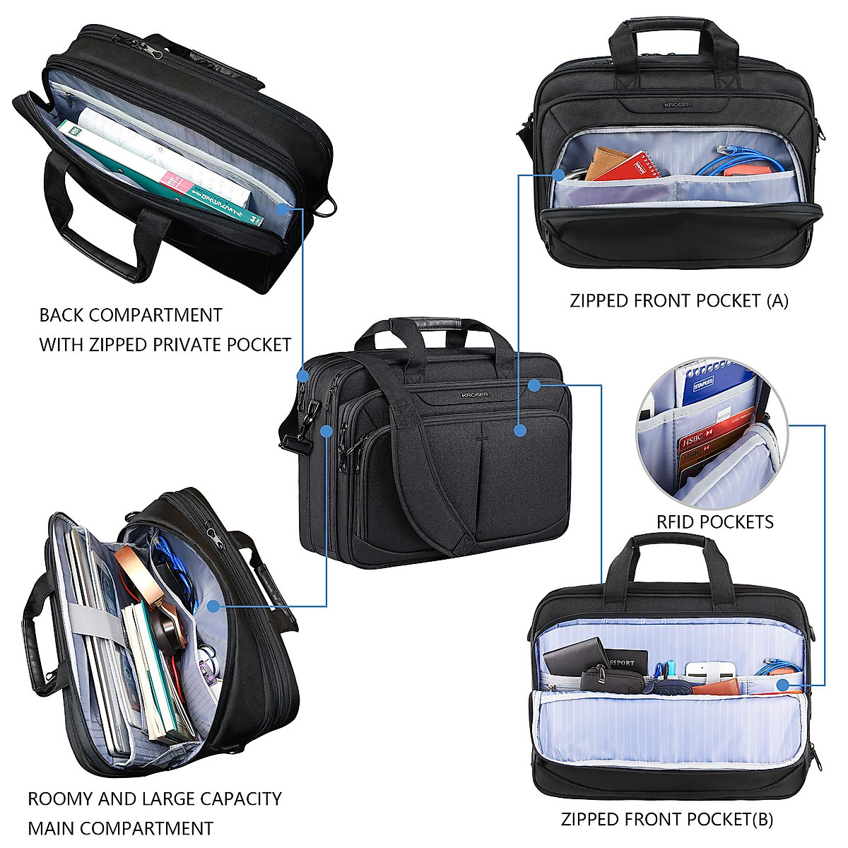 KROSER Laptop Bag Expandable Lightweight Briefcase for 17.3" Laptop Premium Business Work Bag Water-Repellent Messenger Bag with RFID Pockets for Travel/Women/Men-Black