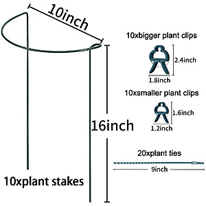 10pack Garden Plant Support Stake 10"Wide x 16"High Half Round Metal Garden Plant Support Ring Border Support, Plant Support Ring Cage for Rose Flowers Vine Tomato with 20pack Plant Clips &Plant Ties
