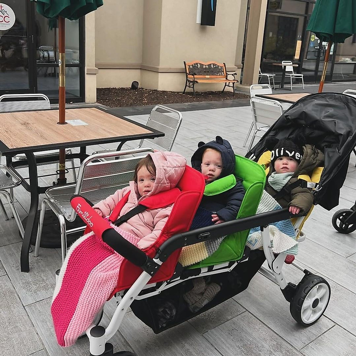 Familidoo H3E 3 Seat Baby Stroller - Tandem Daycare Triple Stroller with 5 Point Safety Harness - for Infants & Toddlers 0-3 Years - Lightweight & Foldable - All Reclining Seats