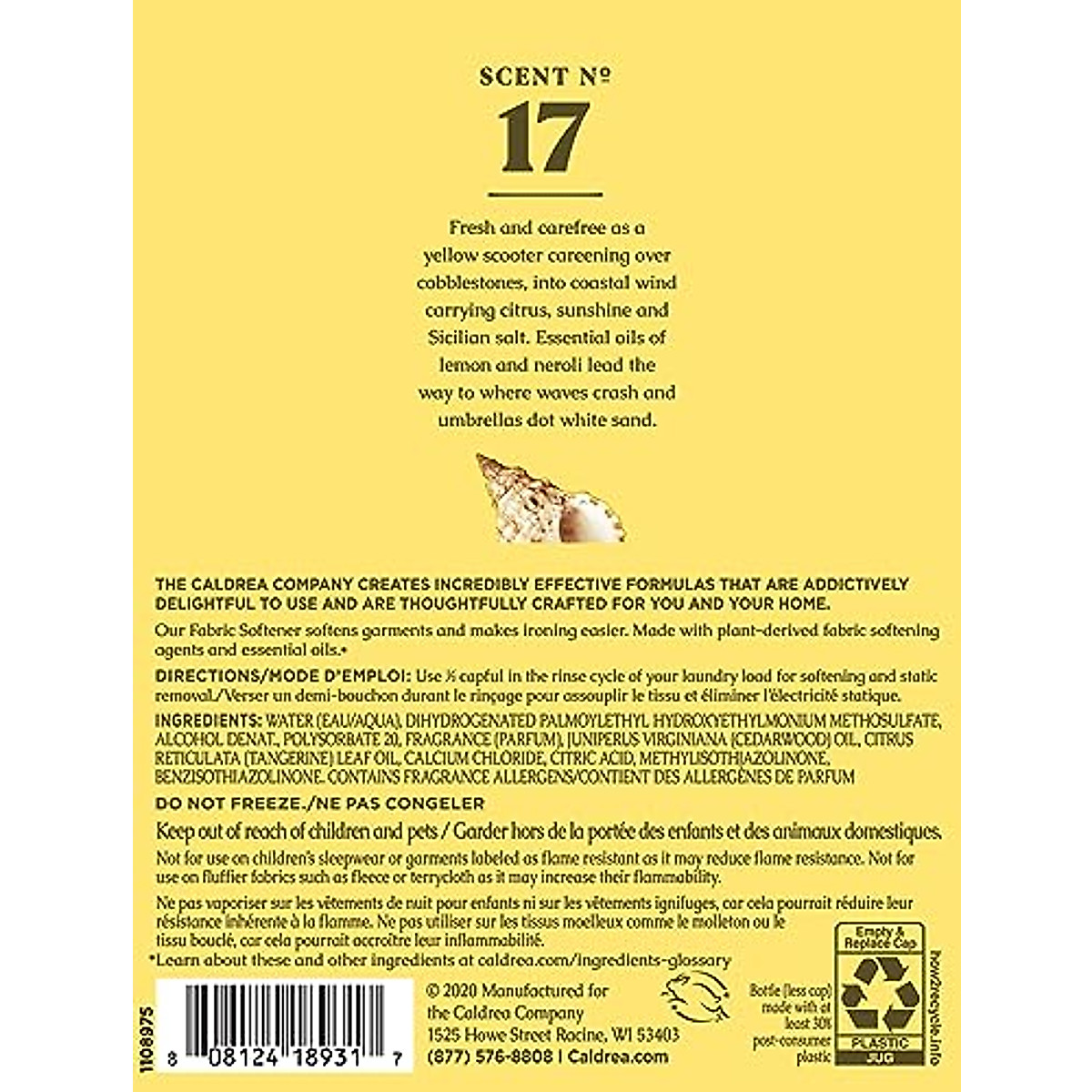 Caldrea Liquid Fabric Softener, Plant Derived, Helps remove static and wrinkles, Sea Salt Neroli Scent, 32 oz