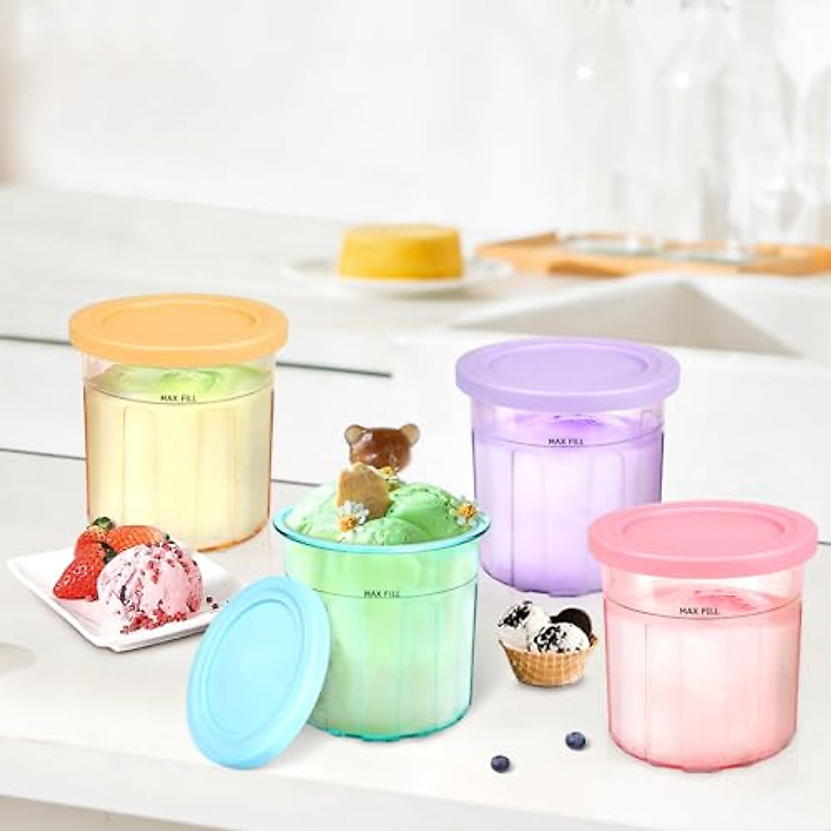 FIRJOY 16 oz. Containers | Extra Replacement Pints and Lids - Compatible with Ninja Creami NC301 NC300 NC299AMZ Series ONLY (4 Pack - Purple, Pink, Green, Yellow)