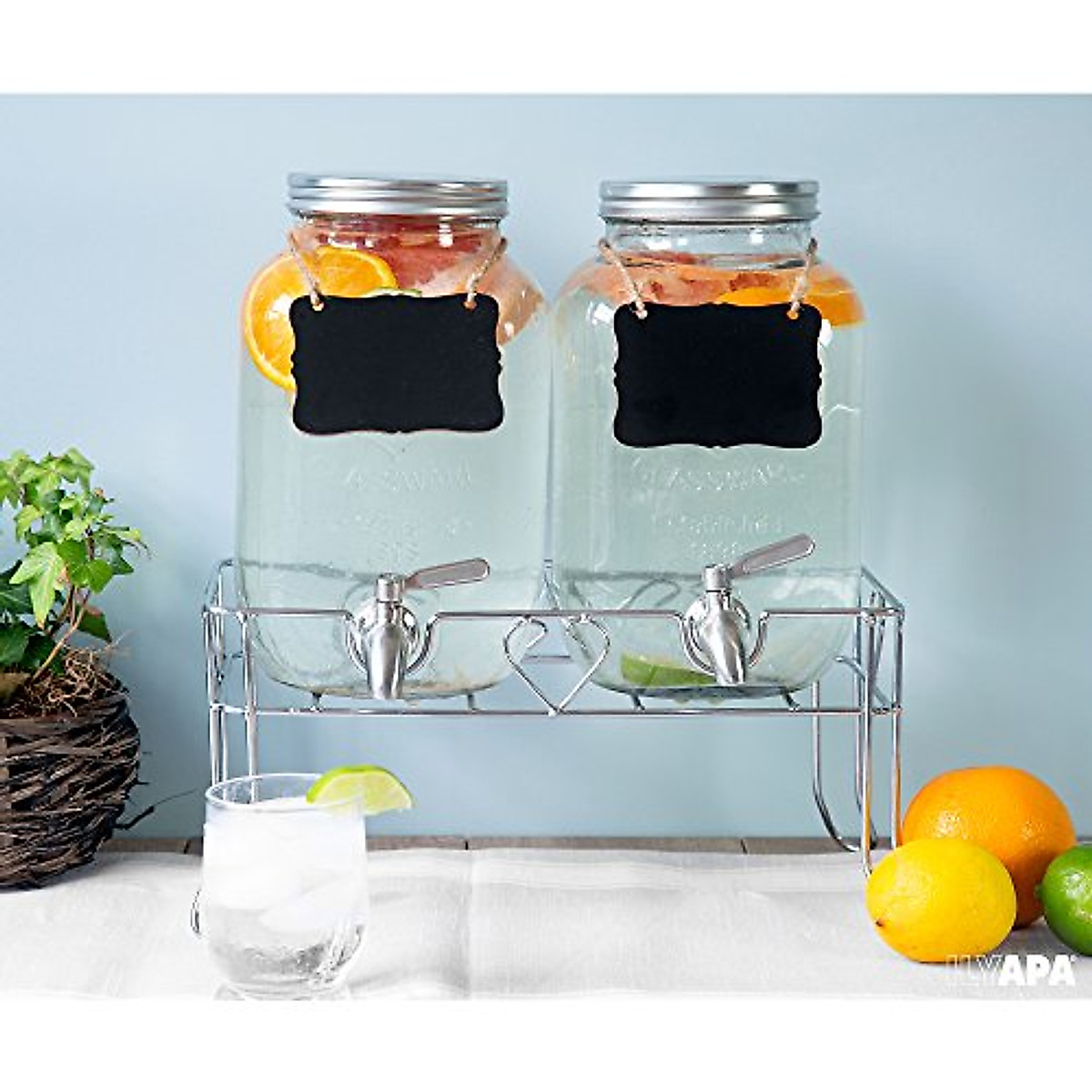 Outdoor Glass Beverage Dispenser 2 Pack with Sturdy Metal Base, Hanging Chalkboards & Stainless Steel Spigots - 1 Gallon Double Drink Dispensers for Lemonade, Tea, Cold Water, Laundry Detergent & More