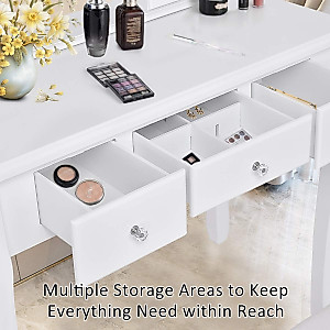 Vanity Table Set, Wooden Dressing Table with Oval 360° Rotating Mirror, 5 Storage Drawers, Painted Finish, Vanity Makeup Table with Padded Stool Seat, Detachable Table Top, Easy to Assemble (White)