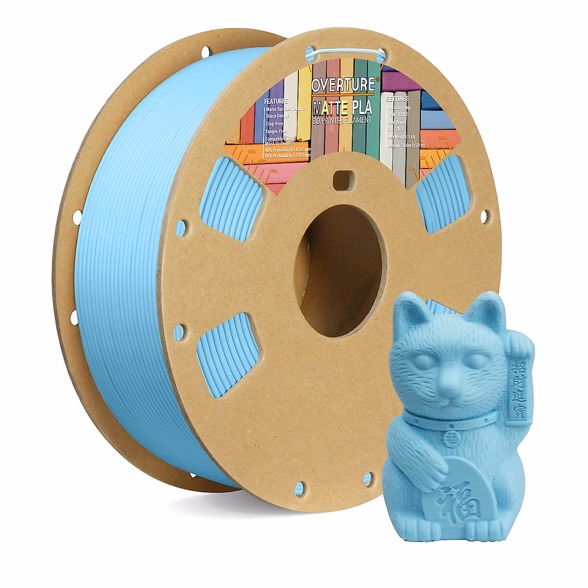 OVERTURE PLA Matte 3D Printer Filament 1.75mm, Matte PLA 1kg Cardboard Spool (2.2lbs), Dimensional Accuracy +/- 0.02 mm (Matte Light Blue)