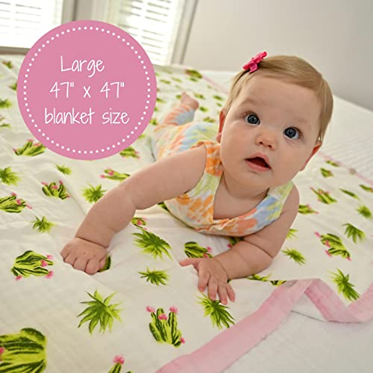 LollyBanks Muslin Quilt Blanket, Large 47 x 47 Inches Versatile Crib Blanket for Baby Girls, 6 Layers Newborn Blanket, Soft Blend 70% Viscose Made from Bamboo + 30% Cotton, Registry (Cactus Print)