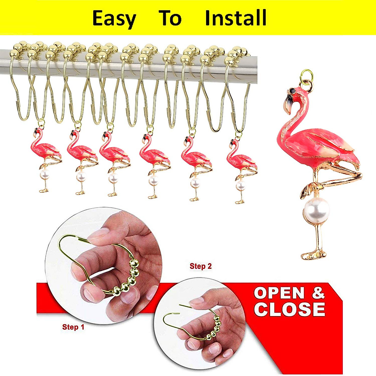 ZILucky Set of 12 Flamingo Shower Curtain Hooks Decorative Home Bathroom Stainless Steel Rustproof Shower Curtain Rings Decor Accessories (Flamingo)