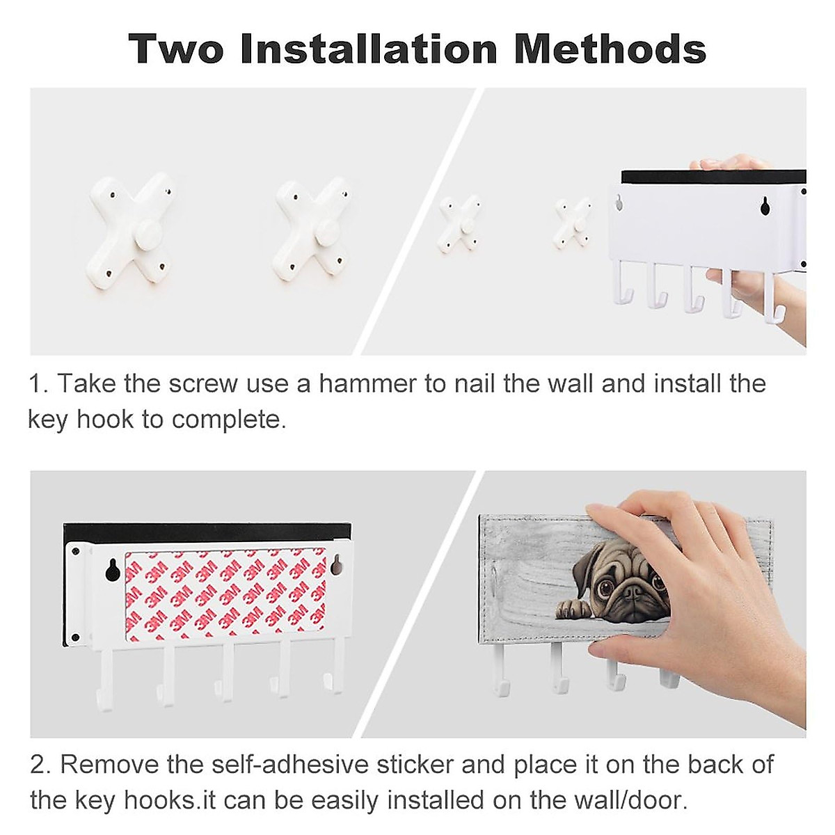 Pug Key Holder for Wall, Dog Mom Gift Mail Holder and Key Rack for Entryway,Rustic Key Hangers with 5 Hooks, Wall Mount for Entryway, Mudroom, Hallway