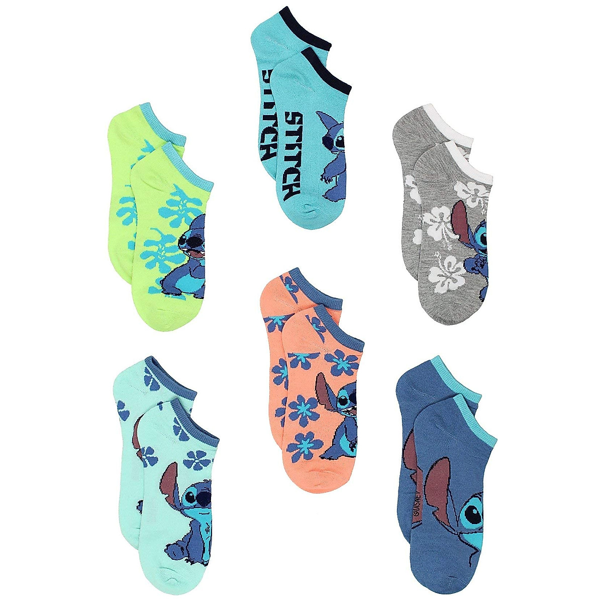 Disney Lilo & Stitch Womens 6 pack Socks (Large (9-11), Stitch Blue)