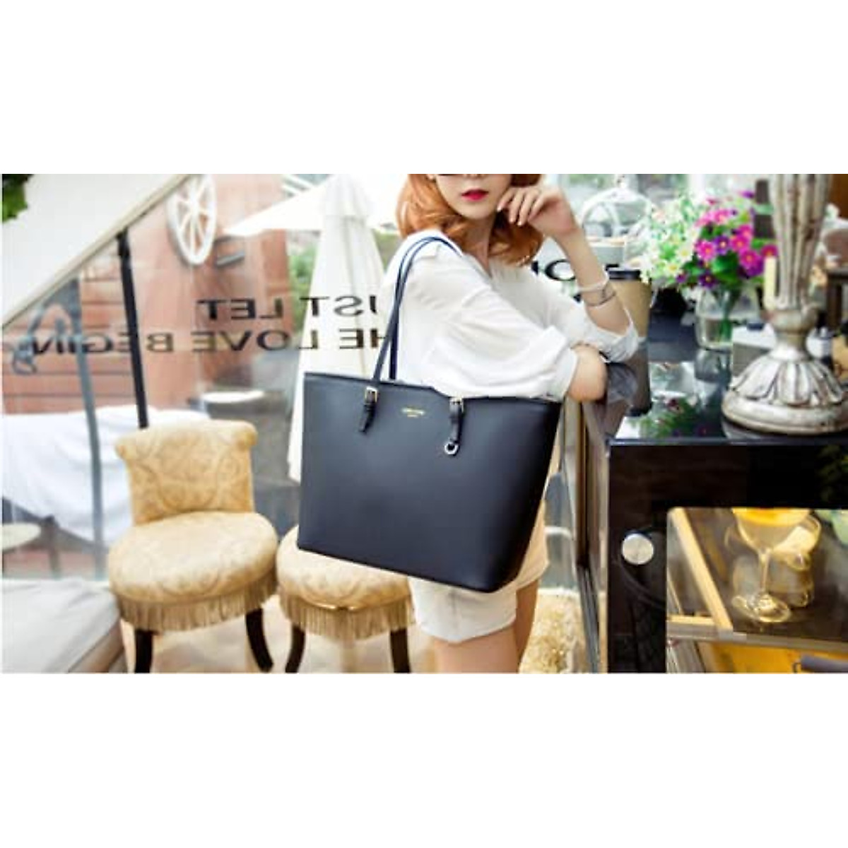 Women's shoulder bag, large capacity vertical zipper open tote bag, women's handbag (Black)