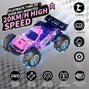 TURCGUO Remote Control Car for Girl Toddler Toy,1:18 2WD Pink All Terrain Fast Electric Race Boy Gift Off Road 20km/h 2.4GHz Radio RC Monster Truck Boy with 2 Rechargeable Batteries