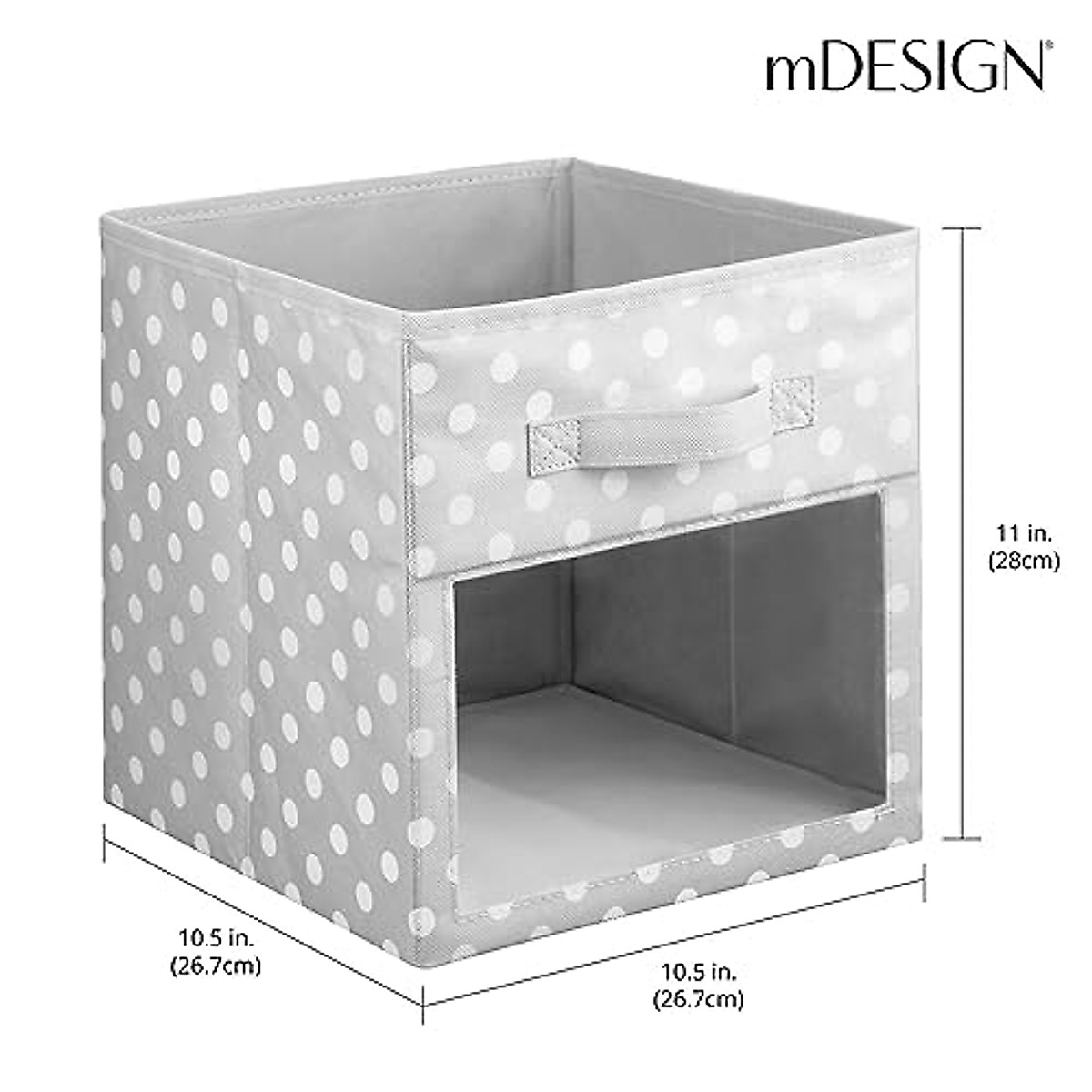 mDesign Fabric Nursery/Playroom Closet Storage Organizer Bin Box, Front Handle/Window for Cube Furniture Shelving Unit, Hold Toys, Clothes, Diapers, Bibs, 4 Pack, Gray/White Polka Dot