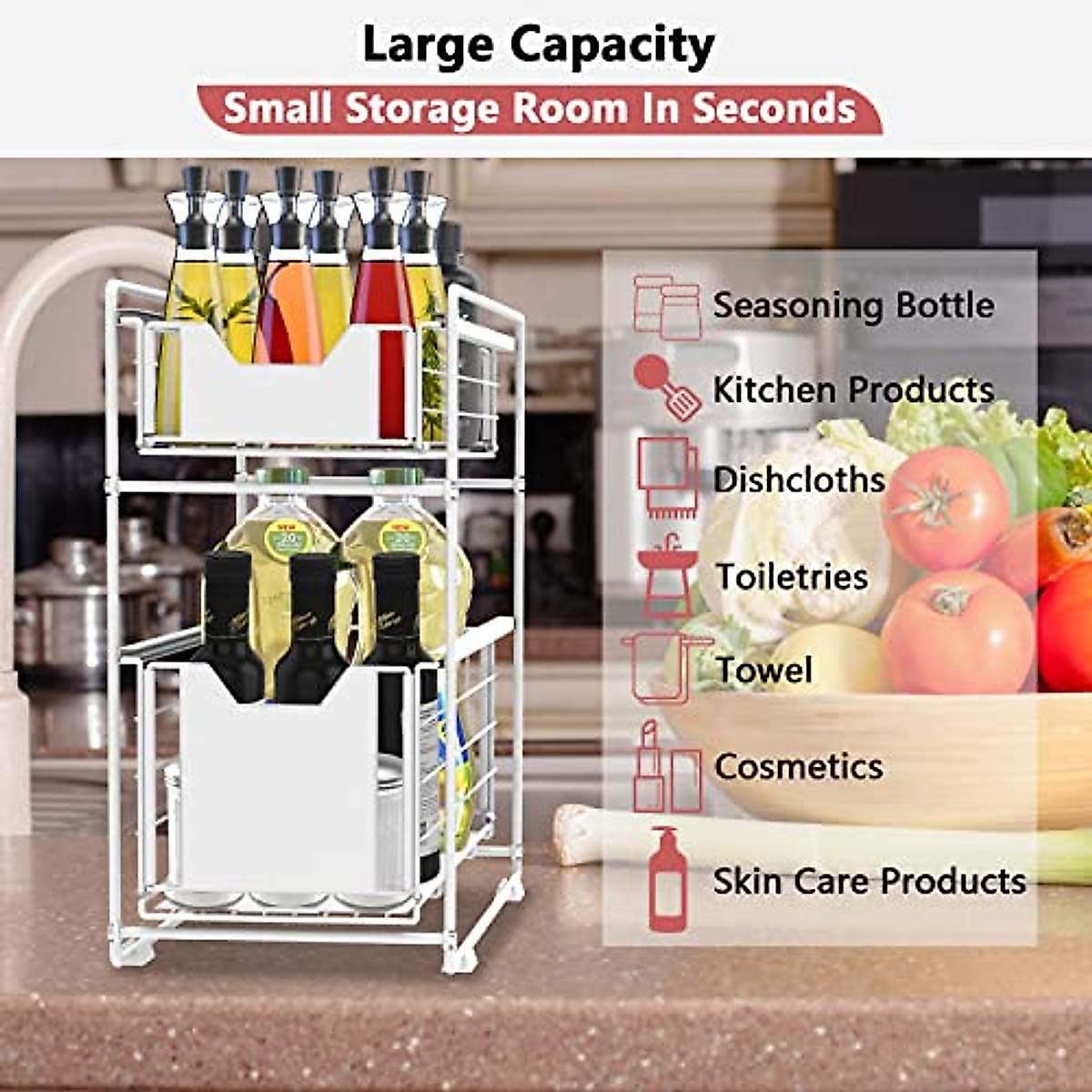 PIGTAB Under Sink Organizers and Storage - Pull Out Under Cabinet Organizer for Bathroom, Kitchen, 2 Tier Metal Shelf Basket Holds up to 150lbs for Kitchen Bathroom Cabinet or Pantry