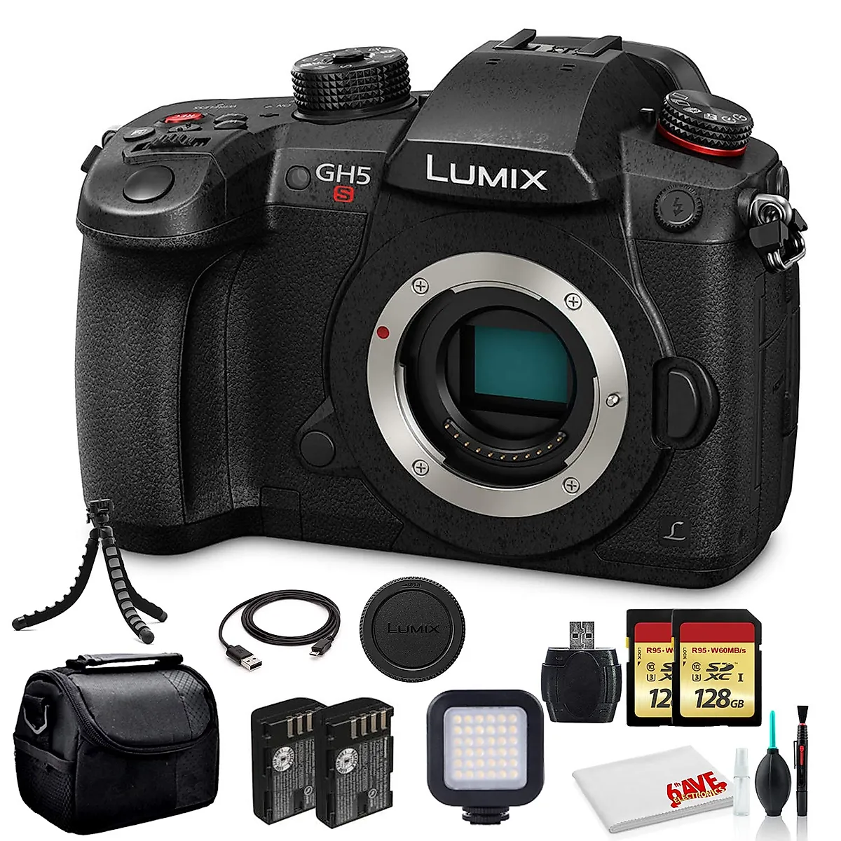 Panasonic Lumix DC-GH5S Mirrorless Digital Camera (DC-GH5S) - Bundle - with Sony 128GB Tough SD Card + LED Video Light + DMW-BLF19 Battery + Soft Bag + 12 Inch Flexible Tripod + Cleaning Set + More