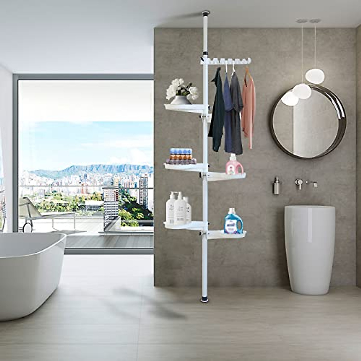 LOYALHEARTDY 6-Tier Indoor Plant Pole Spring Tension Rod Expandable Flower Pots Display Rack Stand Hanger Metal Corner Storage Shelf, Floor to Ceiling Shelf Space Saving, White