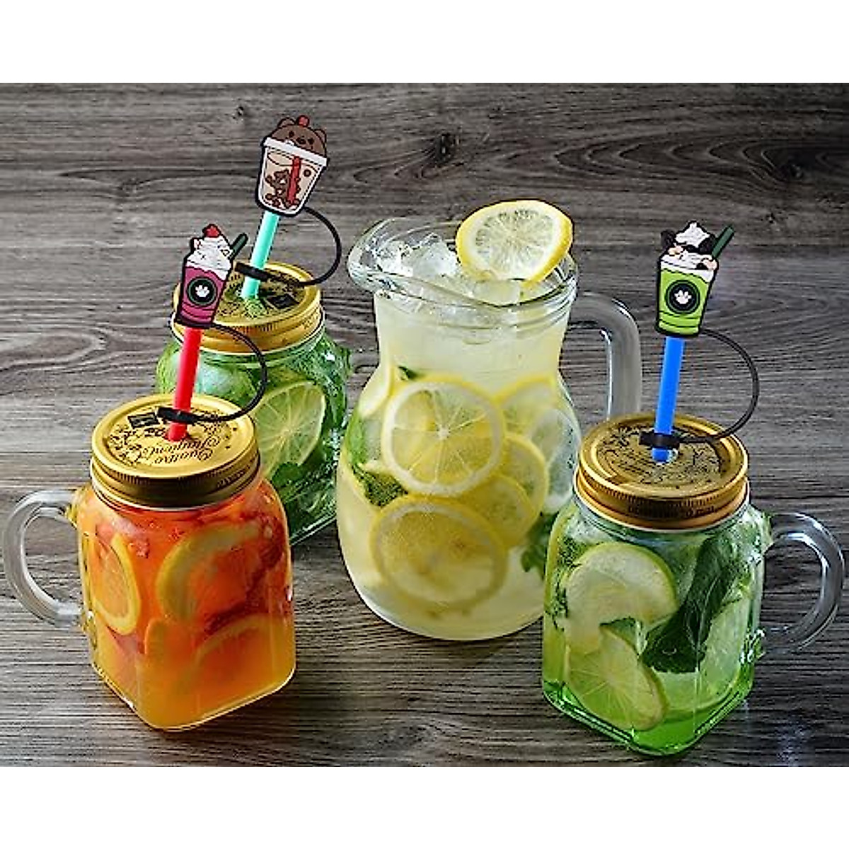 Fepdiu 6pcs Straw Covers Cap for Stanley Cup,6-8mm Cartoon Straw Cover,Reusable Drinking Silicone Straw Covers,Dust Proof Straw Toppers Covers for Stanley Cup Accessories