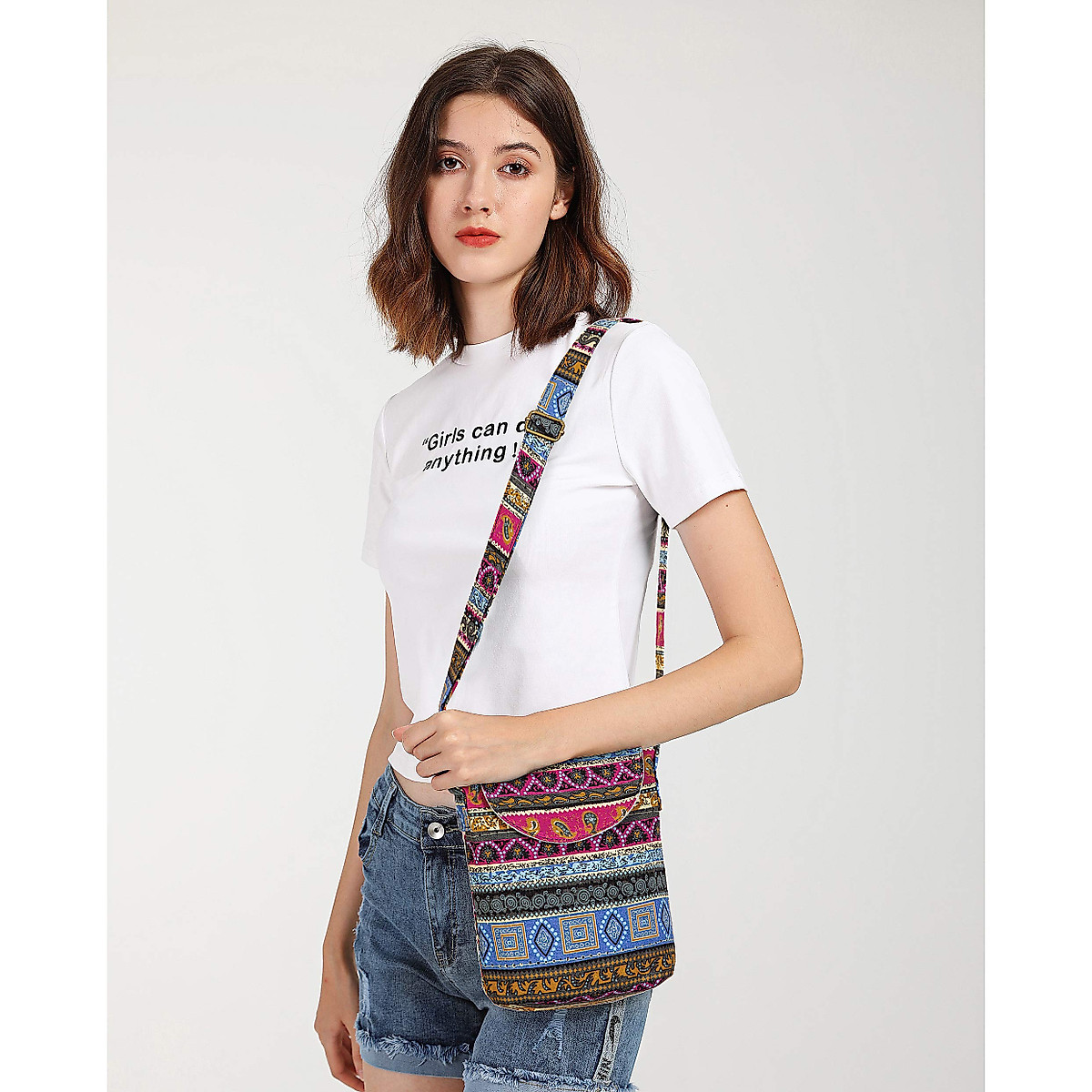 OPQRSTU Women's Retro Small Size Canvas Shoulder Bag Hippie Crossbody Handbag Casual Tote (Rose red)