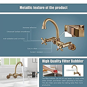 Aolemi Wall Mount Kitchen Faucet 6 Inch Center with Swivel Spout Adjustable Spread 2 Cross Handle Basin Sink Mixer Tap, Antique Brass, H&C Label
