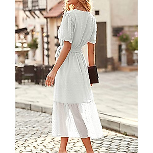 BTFBM Women 2023 Summer Boho Midi Dress Short Sleeve V Neck Swiss Dot Belted High Waist Ruffle Tiered A-Line Beach Dress(Swiss Dot White, Medium)