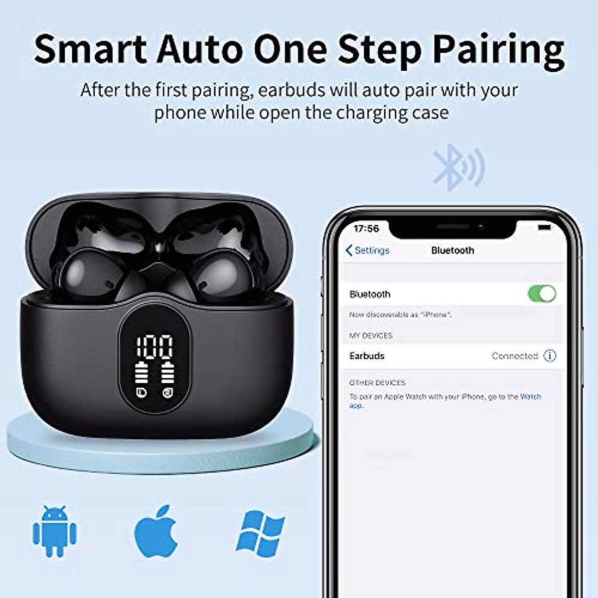 Wireless Earbuds Bluetooth Headphones LED Power Display Earphones Active Noise Cancelling Ear Buds with Charging Case Bluetooth 5.3 Hi-Fi Stereo in-Ear Earbuds for iPhone/Android/PC/Laptop (Black)