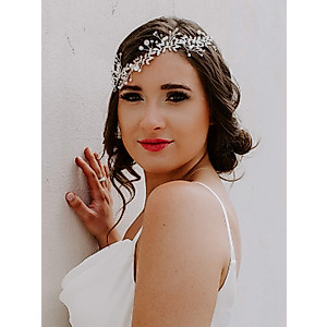 SWEETV Crystal Bridal Headpieces for Brides Silver Wedding Hair Accessories Bride Headband Pearl Hair Vine Rhinestone Hair Pieces for Women