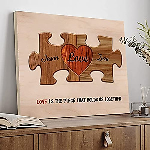 Bohva Personalized Couple Names Sign, Valentines Day Anniversary Wedding Gifts Idea for Him Her, Birthday Gift for Husband Wife Boyfriend Girlfriend, Custom Heart Puzzle Pieces Print On Wood