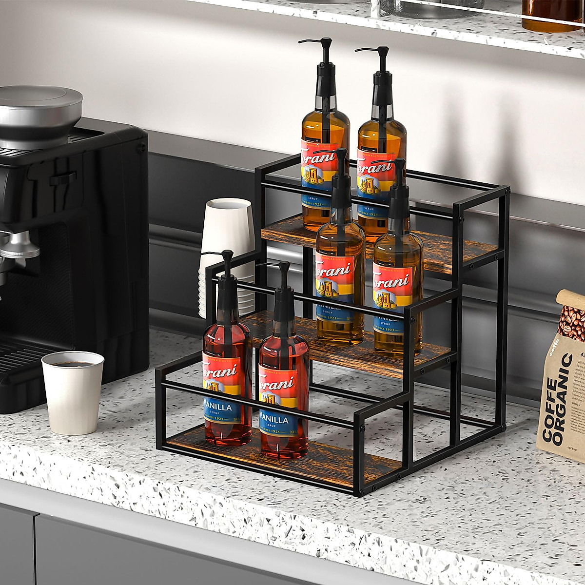 Homedawn Coffee Syrup Rack Organizer, Syrup Bottle Holder Stand for Coffee Bar, 3-Tier 12 Bottles Storage Shelves for Syrup, Wine, Dressing for Kitchen Countertop, Rustic Brown & Black