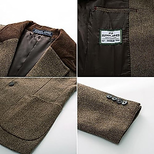 Mens Herringbone Blazer Vintage Tweed Blazer British Wool Blend Sport Coat Light Coffee L