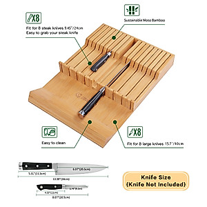 Utoplike In-drawer Knife Block Bamboo Kitchen Knife Drawer Organizer,Large handle Steak knife Holder without Knives, fit for 16 knives and 1 Sharpening Steel (16 Knife Organizer）
