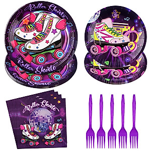 96Pcs Roller Skating Party Supplies Retro Roller Skate Plates Napkins Forks, Roller Skate Party Decorations for Girls Teens Birthday, Roller Skate Theme Party, Serve 24