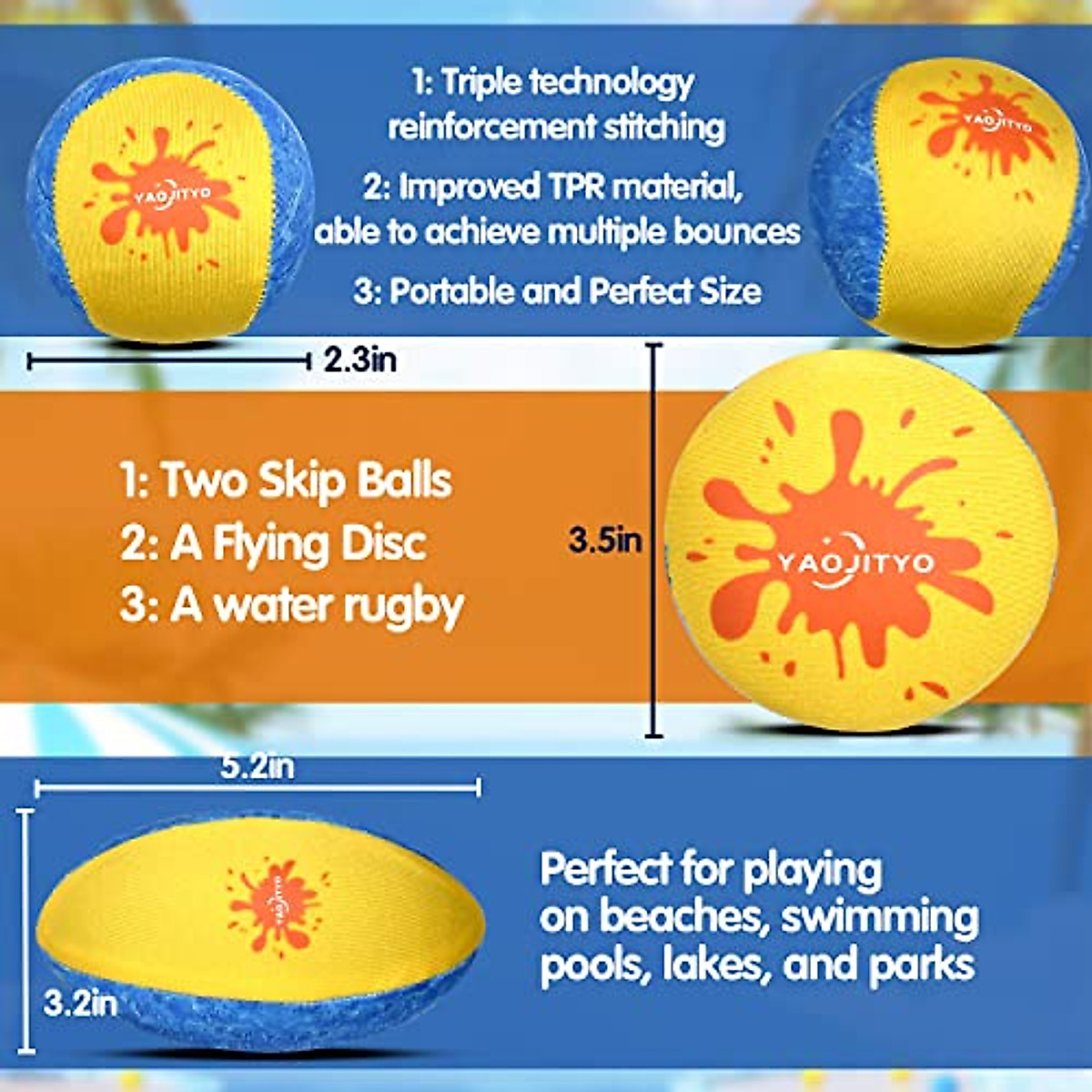 YAOJITYO 4 Pack Beach Toys, Water Skip Ball,Skip Balls for Swimming Pools，Soft and Durable TPR Material，Suitable for Swimming Pool Toys, Beach Toys, Water Toys, and Beach Games