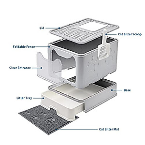 Medario Cat Litter Box with Cat Litter Mat and Scoop, Large Foldable Litter Box with Lid, Front Entry Top Exit Kitty Litter Box, Odor Control Easy Clean (Grey)