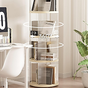 Andazododc Bookcases 4 Tier Plastic Bookshelf, 53.35 x 15.95 in, White Tall Bookcase Shelf for CDs/Movies/Books, Storage Organizer for Bedroom/Living Room/Home Office (4 Layers/Circular/Rotating)