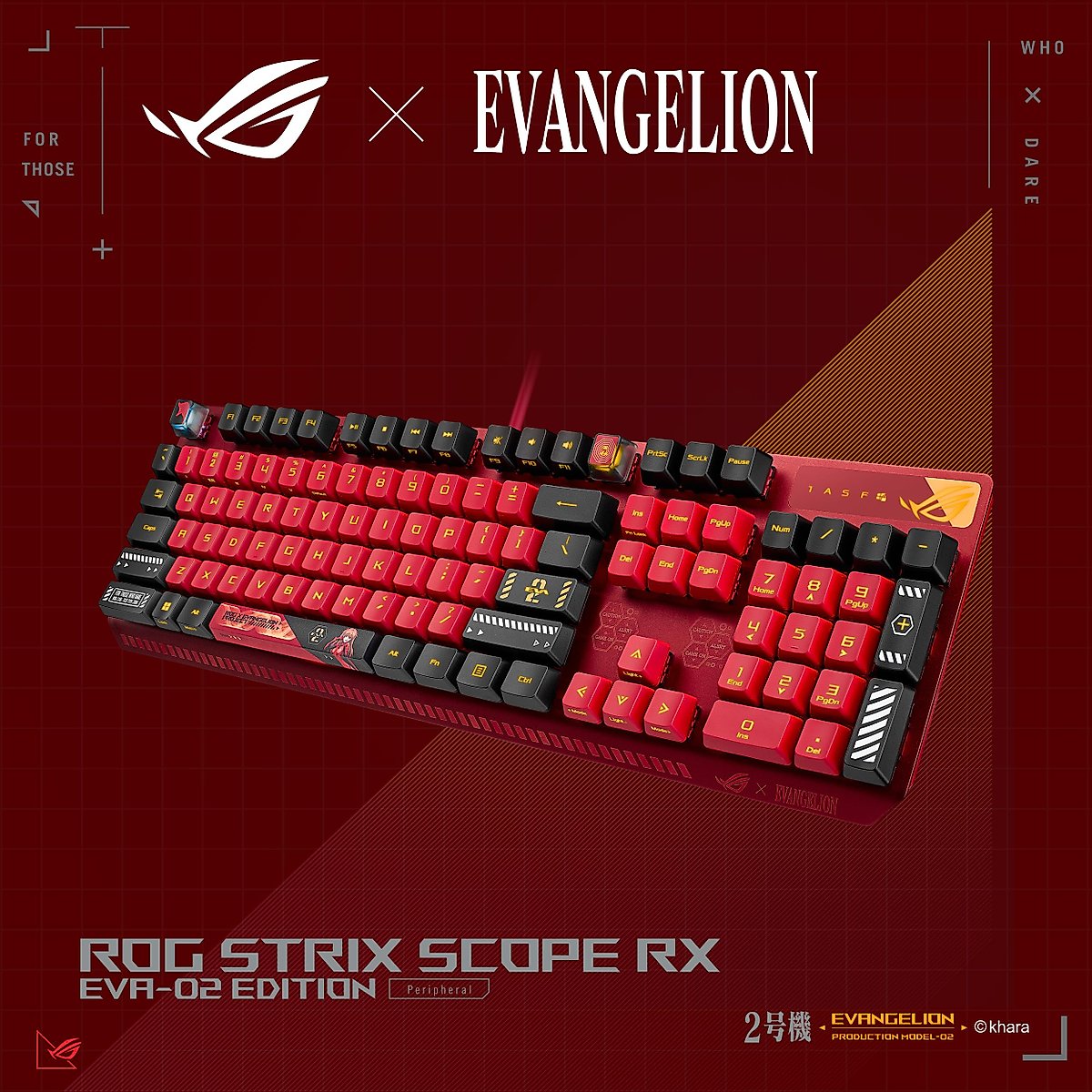 ROG Strix Scope RX EVA-02 Edition, 100% RGB Gaming Keyboard, ROG RX Red Optical Mechanical Switches, IP57 Water Resistance, USB Passthrough, Wider Ctrl Key, Stealth Key, Macro Support, EVA-themed