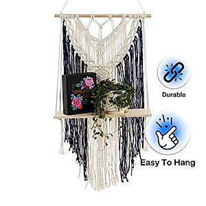 PlanterSam Macrame Wall Hanging with Removable Shelf - 100% Cotton Hanger for Indoor Plants - Aesthetic Room Decor and Hardware Included (Navy Blue)