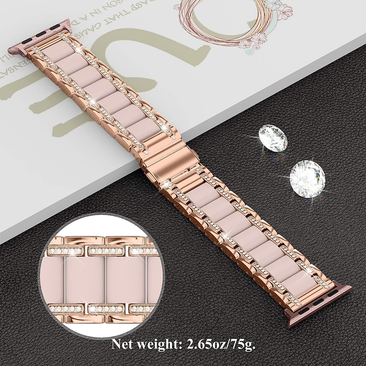 Moolia Metal Band Compatible with Apple Watch Band 38mm 40mm 41mm Women Rhinestones Resin Wristband Bling Diamond Bracelet Replacement for iWatch Series 9 8 7 6 5 4 3 2 1 SE Ultra, Rose Gold + Pink