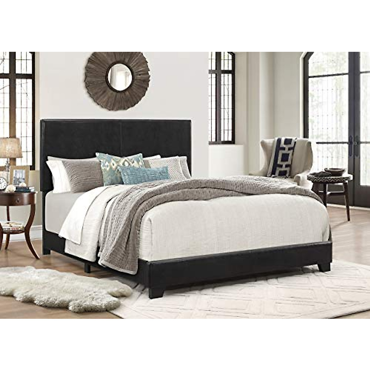 Crown Mark Erin Upholstered Panel Bed in Black, Queen