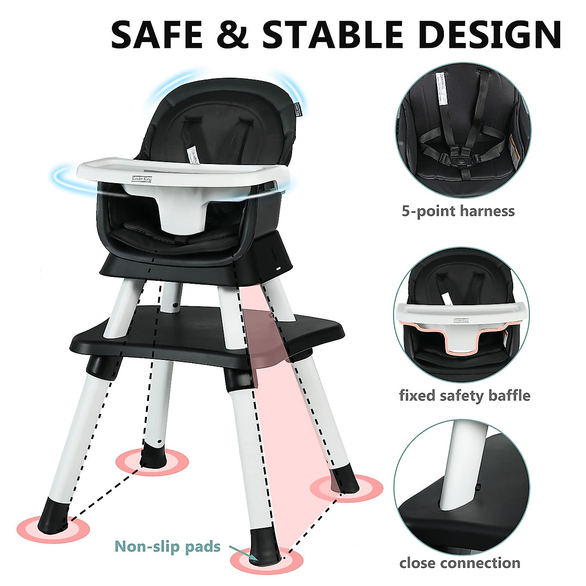 Kinder King 8 in 1 Baby High Chair, Coverts to Dining Booster Seat/Kids Table & Chair Set/Toddler Building Block Table/Kids Stool, Removable Tray & Double Seat Cover, Easy to Wipe, Grey