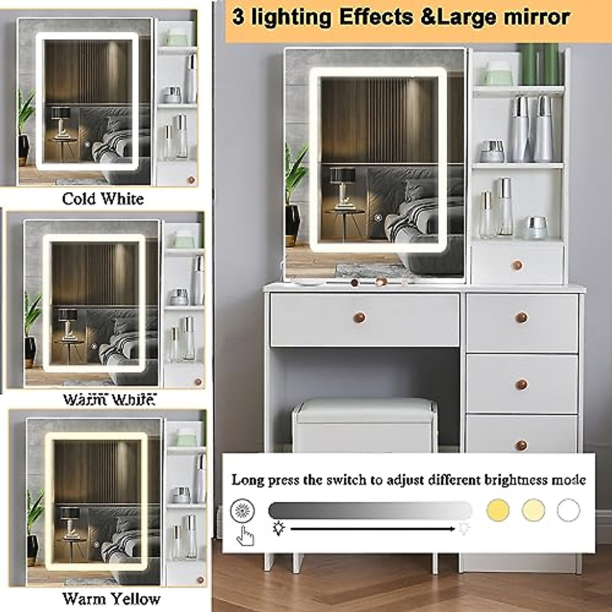 JBLCC Large Vanity Desk with Mirror and Lights, Vanity Table Makeup Vanity with Slidable Mirror 5 Drawers and Storage Shelves,Dressing Table Set 3 Lighting Color Adjustable (06LED)