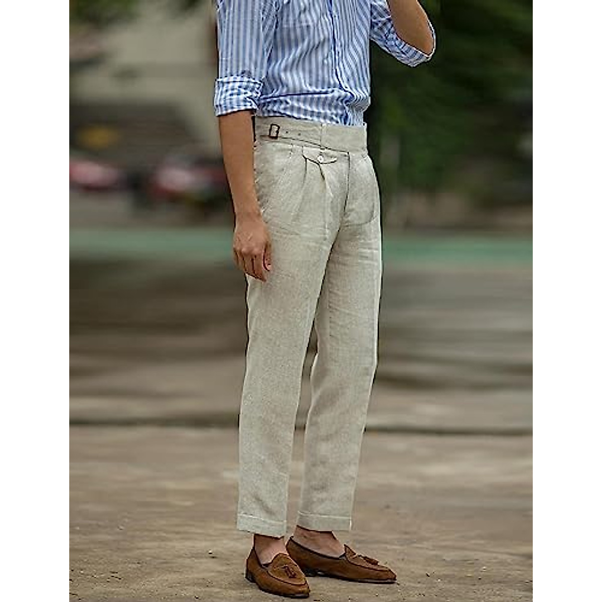 Snoly Men's Summer Retro Lightweight Linen Gurkha Trousers Tapered Leg Straight Flat Front Chino Pant (as1, Alpha, l, Regular, Regular, Beige, Regular)