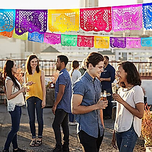 FIVE packs, 82 ft Mexican Party Banners PLUS 250 gr of Multicolor Confetti - Authentic Papel Picado - Handcrafted by Mexican Artisans - Cinco de Mayo decorations