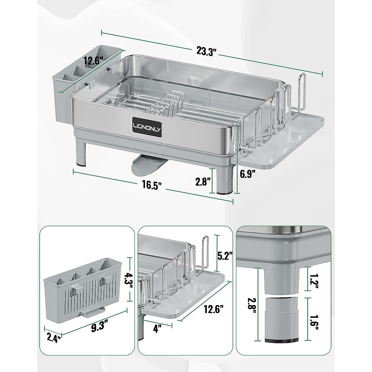 LIONONLY Dish Drying Rack, 304 Stainless Steel Dish Drainers for Kitchen Counter, Durable Dish Strainer with 360° Rotatable Spout, Glass Holder, Utensil Holder, Saving-Space Kitchen Organizer, Grey